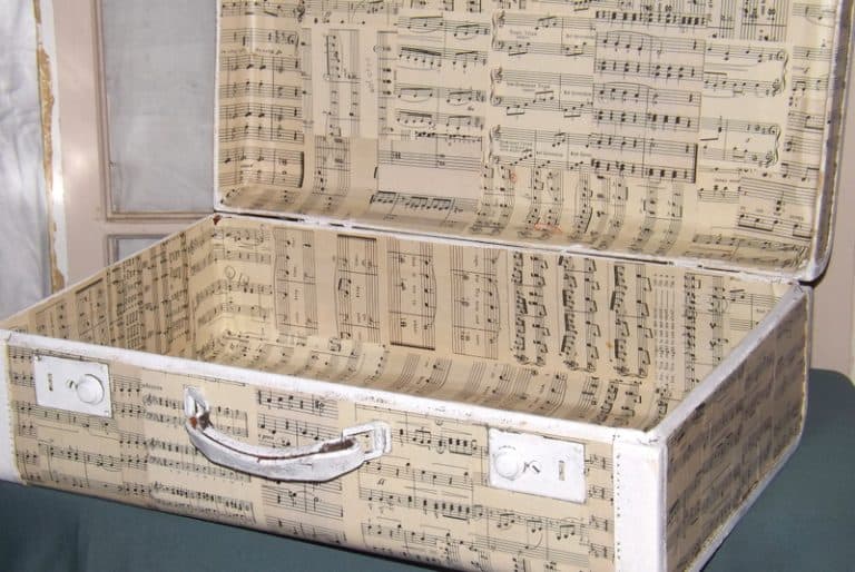 Decoupaged Sheet Music Suitcase | Jen Reviews