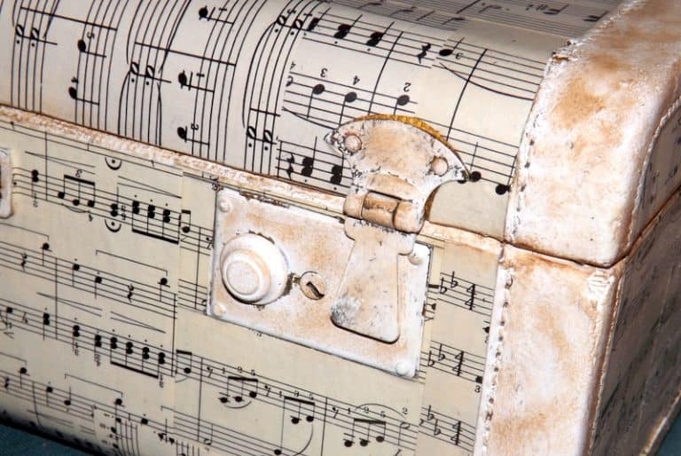 Decoupaged Sheet Music Suitcase | Jen Reviews