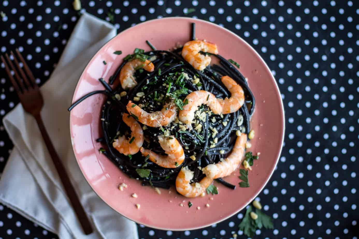 Shrimp Scampi with Black Linguine and Pine Nut Crumbs - Jen Reviews
